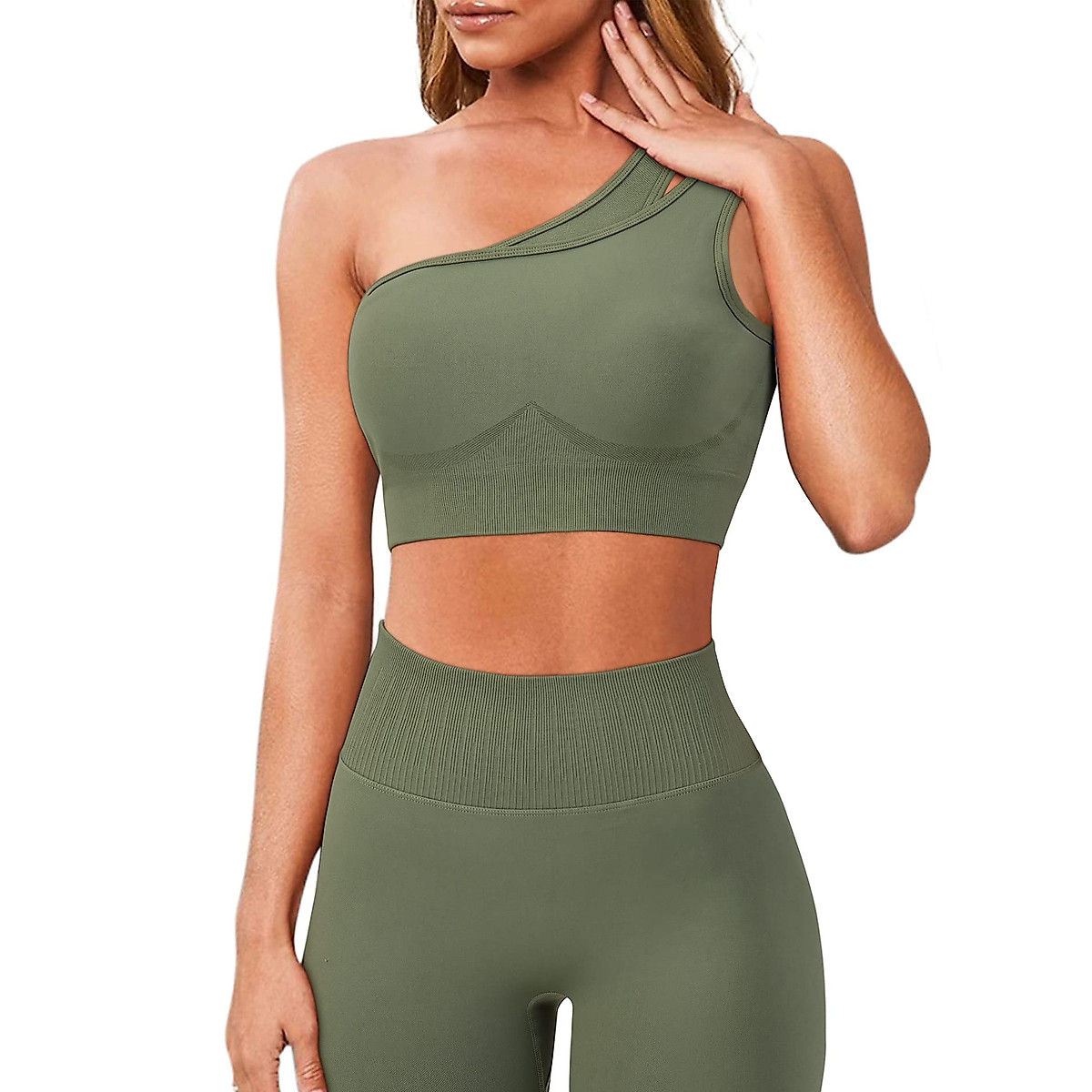 OMKAGI Workout Set for Women 2 Piece Seamless One Shoulder Sports Bra Scrunch Butt Lifting leggings Gym Outfits(M,Army Green)