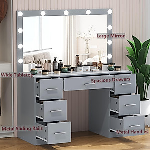 Irontar Vanity Table, Makeup Table with Lighted Mirror, 3 Color Lighting Modes, Brightness Adjustable, Dressing Table with Drawers, Vanity Desk for Women, Gray