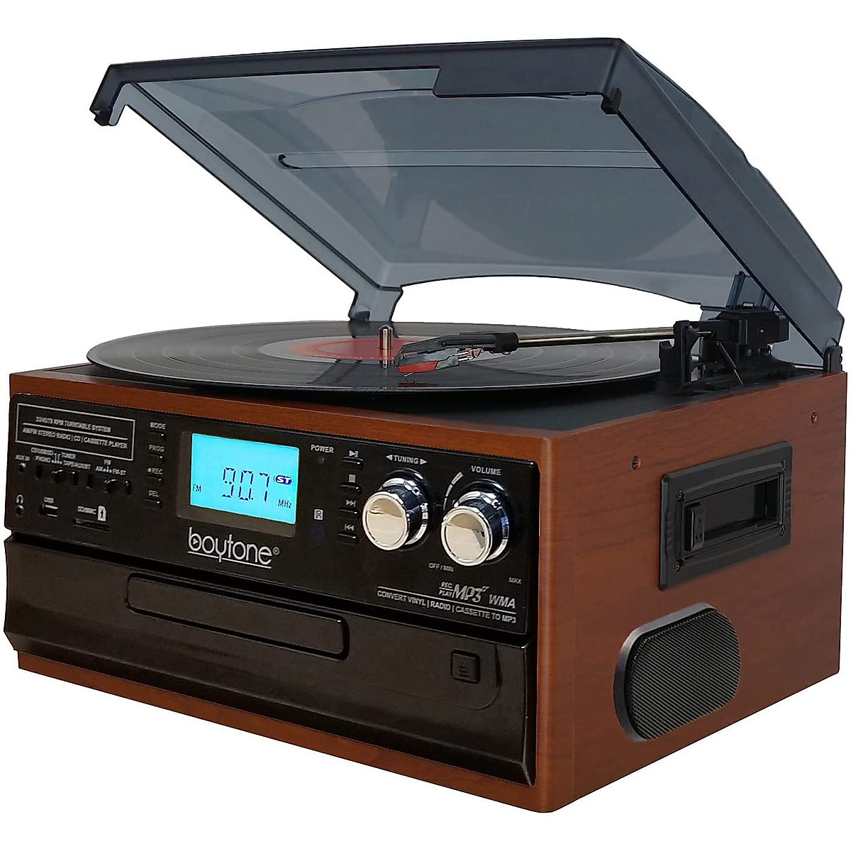 Boytone BT-22MS, Bluetooth Record Player Turntable, AM/FM Radio, Cassette, CD Player, 2 Built in Speaker, Ability to Convert Vinyl, Radio, Cassette, CD to MP3 Without a Computer, SD Slot, USB, AUX