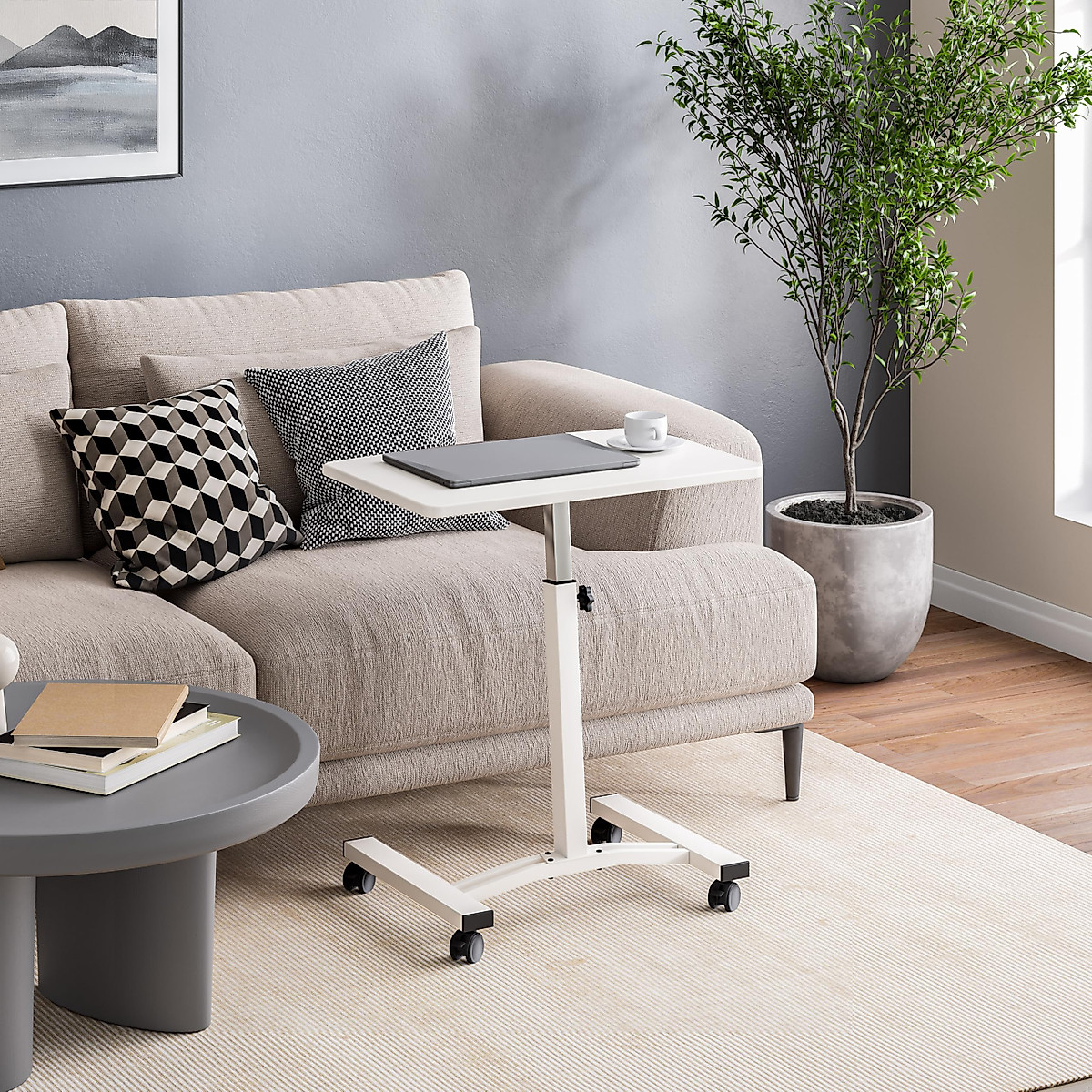 Seville Classics Airlift Mobile Height Adjustable Laptop Stand Computer Workstation for Sitting Table for Home, Office, Classroom, Hospital, w/Wheels, Flat (24"), White