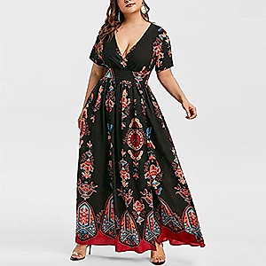 Maxi Dresses for Women Wedding Guest Plus Size Cruise Wear for Women 2023 Sexy Going Out Dress Floral Print Boho High Low Short Sleeve Wrap V-Neck A-Line Split Long Sexy Beach Party Dress