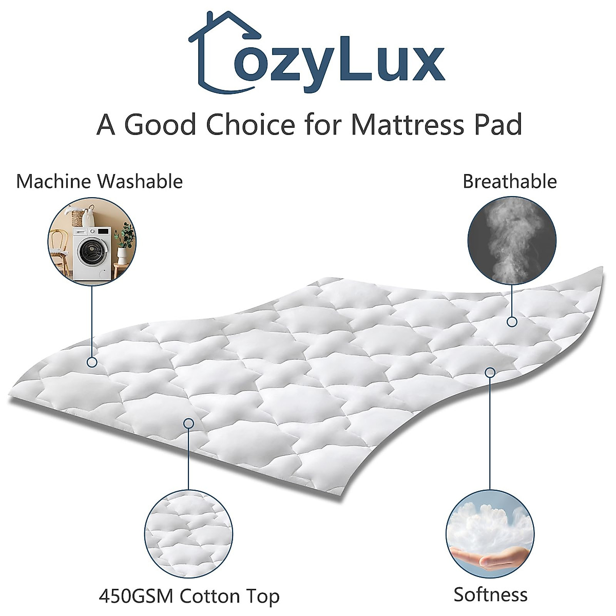 Cozylux Twin XL Cotton Mattress Pad Deep Pocket Quilted Mattress Cover Extra Long for College Dorm PillowTop Mattress Protector Up to 20", Fitted Sheet Mattress Cover, 39x80 inches, White