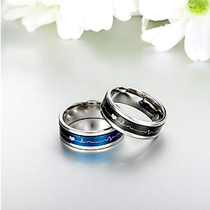 HIJONES Unisex 7MM Love ECG Heartbeat Spinner Ring Stainless Steel Wedding Promise Band Blue Size 8