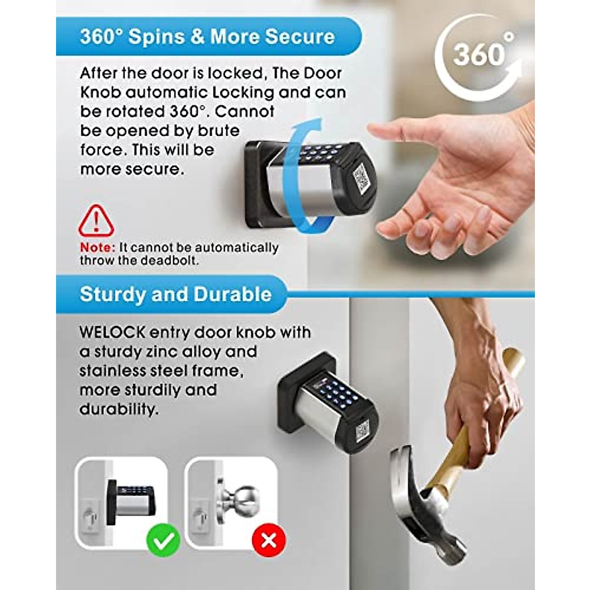WELOCK Safer Keyless Entry Door Lock Deadbolt, Smart Bluetooth Locks Deadbolt Digital Electric Door Lock with Keypad APP Control IC Card Mechanical Key, Easy to Install