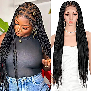 Brinbea 36 inch 13X8" HD Lace Front Braided Wigs Knotless Braided Wigs for Women Box Braid Wig with Baby Hair Human Hair Blended Braided Wigs Long Black