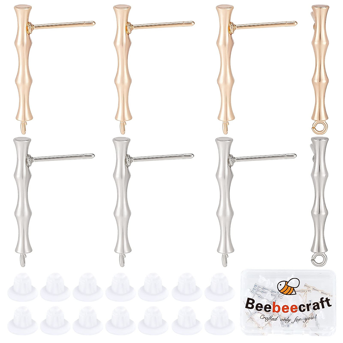 Beebeecraft 1 Box 20Pcs 2 Colors Bamboo Stud Earring Findings 18K Gold & Platinum Plated Stud Earring with Loops and 925 Sterling Silver Pins for DIY Earring Jewelry Making