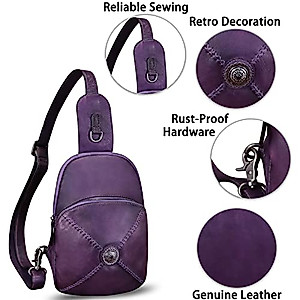 Genuine Leather Sling Bag for Women Sling Backpack Retro Chest Shoulder Vintage Handmade Hiking Crossbody Purse (Purple)