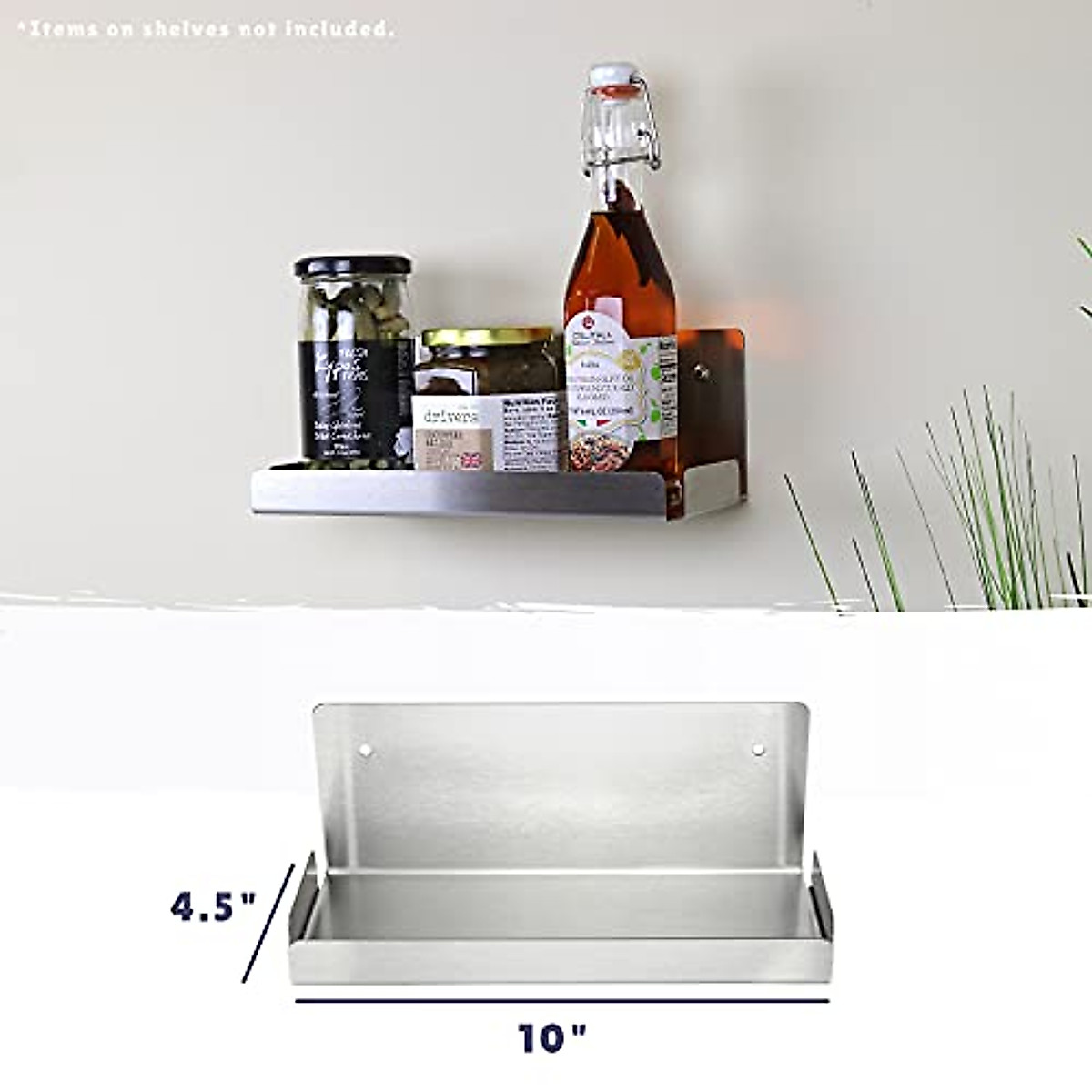 Deco Gables Designs 4 Modern Brushed Stainless Steel Spice Racks Floating Wall Shelf Hanging Durable Polished Solid Metal for Home Kitchen Dining Room with Mounting Hardware 10 Inches Wide Set of 4