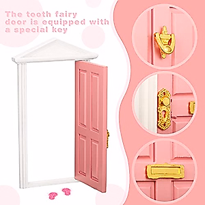 Tooth Fairy Door Kit Mini Wooden Tooth Fairy Door with Accessories Fairy Tale Education Learning Toy for Girls Dollhouse Fairy Garden Decoration DIY Craft Activities (Pink)