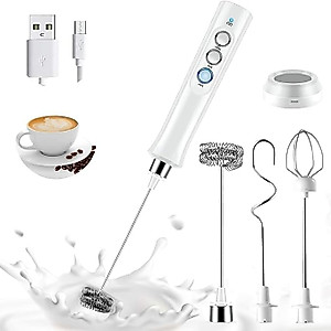 Handheld white milk frother, rechargeable, eletric- Comes with 3 interchangeable heads, stand, charging cable. Use for (milk, cappuccino, frappe, matcha, hot choclate, and so much more)