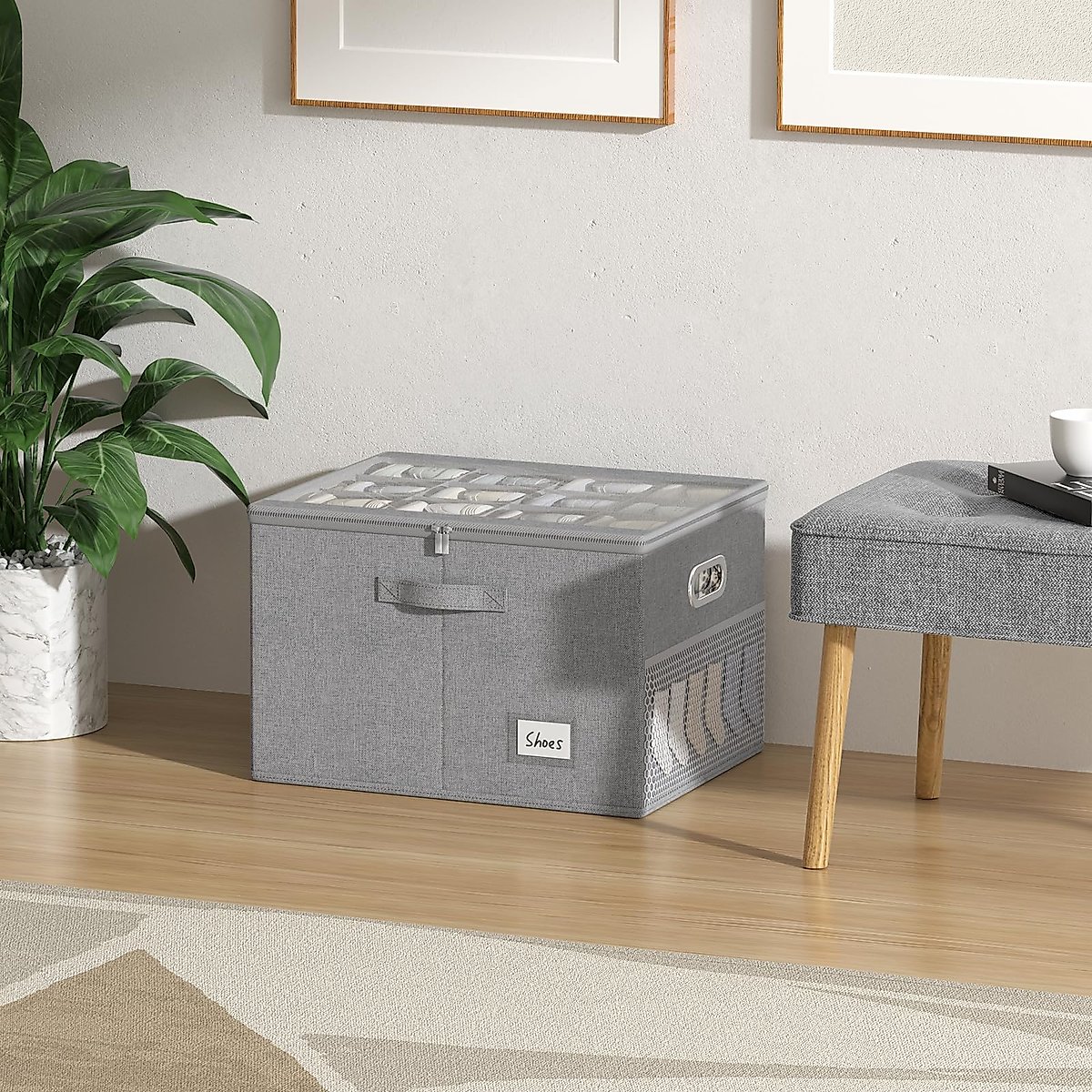Shoe Organizer for Closet,Large Shoe Box Storage Containers with Clear Window,Space Saving Shoe Bin with Foldable Bottom Support and Adjustable Dividers - Fits 16 Pairs