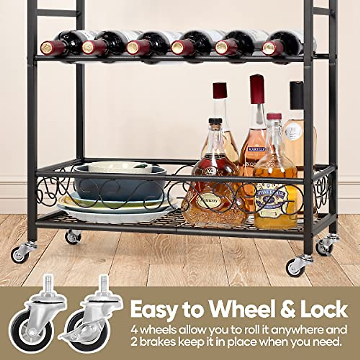 melos Bar Cart, Mobile Bar Serving Cart, Rolling Wine Cart with Glass Stemware Rack and Wine Bottle Holders, ndustrial Vintage Style Kitchen Serving Cart for, Kitchen(Brown)