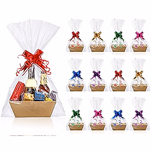 Canlierr 12 Pcs Gift Baskets Empty Includes 12 Pcs 10 x 7 x 3 Inches Kraft Market Tray Cardboard Basket with Handles, 18 Pcs Bags and 20 Pcs Multicolor Bows for Christmas Wedding Birthday Gift