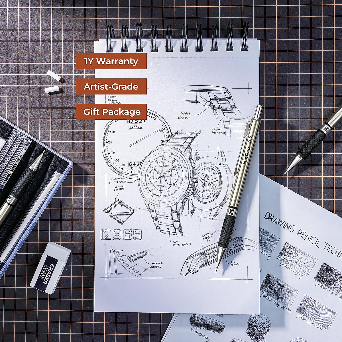 Nicpro 0.7 mm Art Mechanical Pencils Set in Storage Case, 3 PCS Metal Drafting Pencil Lead Pencil with 6 Tube HB Lead Refills, 3 Erasers, 9 PCS Eraser Refills for Artist Writing, Drawing, Sketching