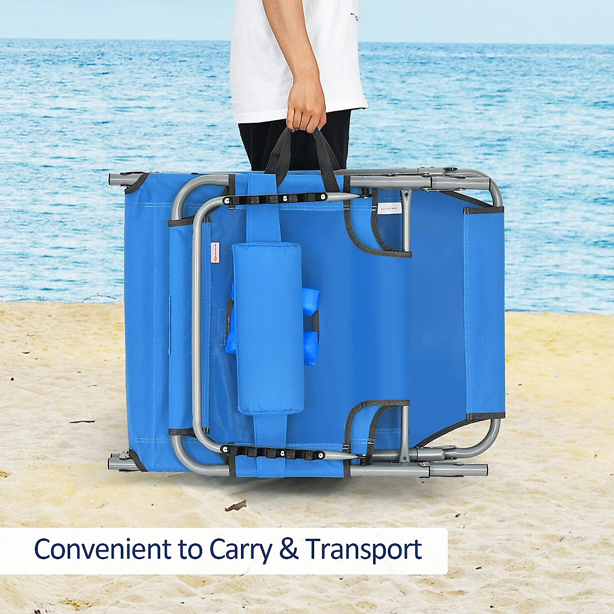 Giantex Lounge Chair Outdoor, Tanning Chair, Folding Beach Chair with Face Arm Hole, Washable Pillow, Side Pocket, Carry Handle, Adjustable Pool Lounger for Patio, Lawn, Lounge Chair Outside, Blue