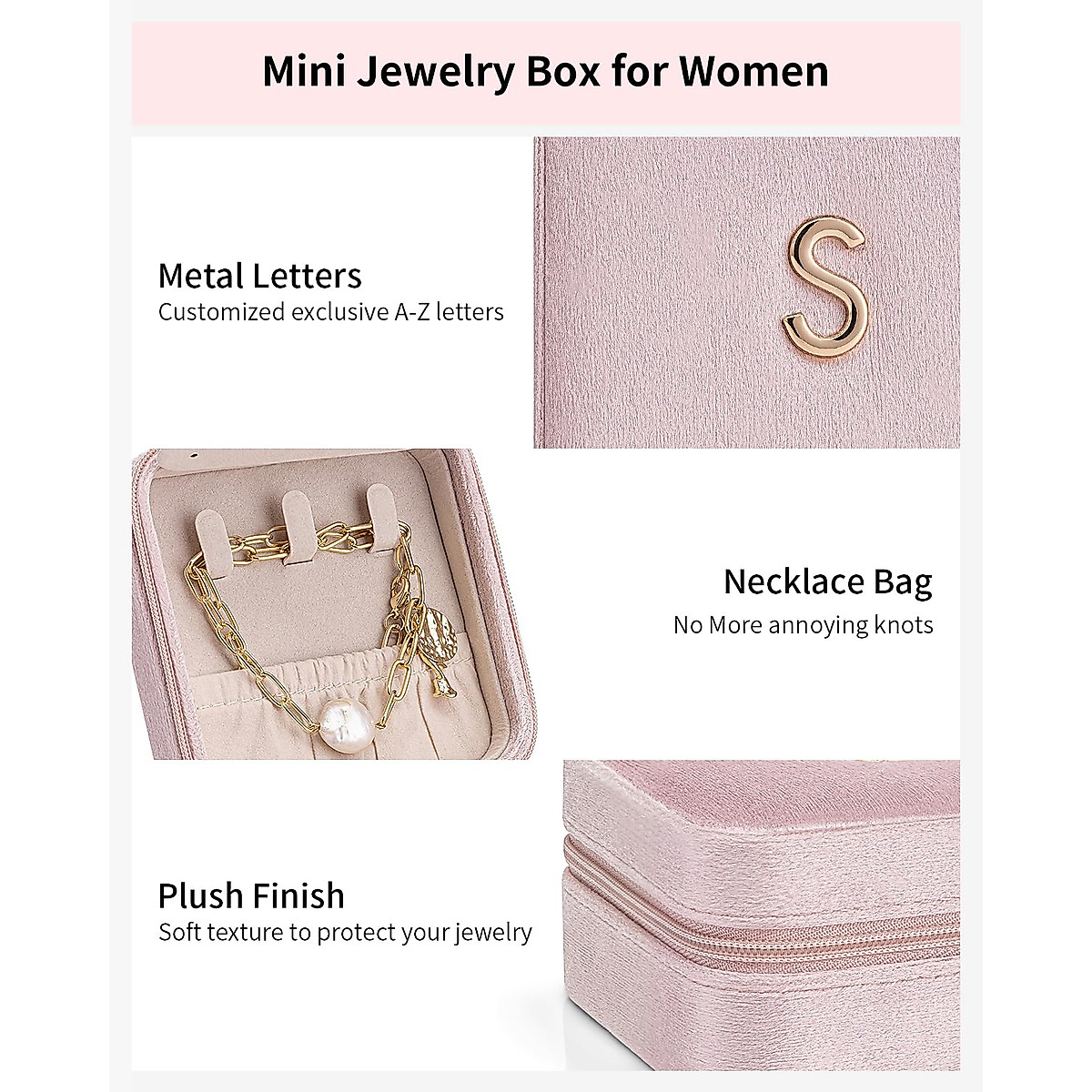 Vlando Valentines Day Gifts for Her, Bridesmaid Gifts for Women, Bridesmaid Proposal Gifts Unique Gifts, Wedding Travel Essentials Small Jewelry Box, Travel Jewelry Case - Letter G, Pink