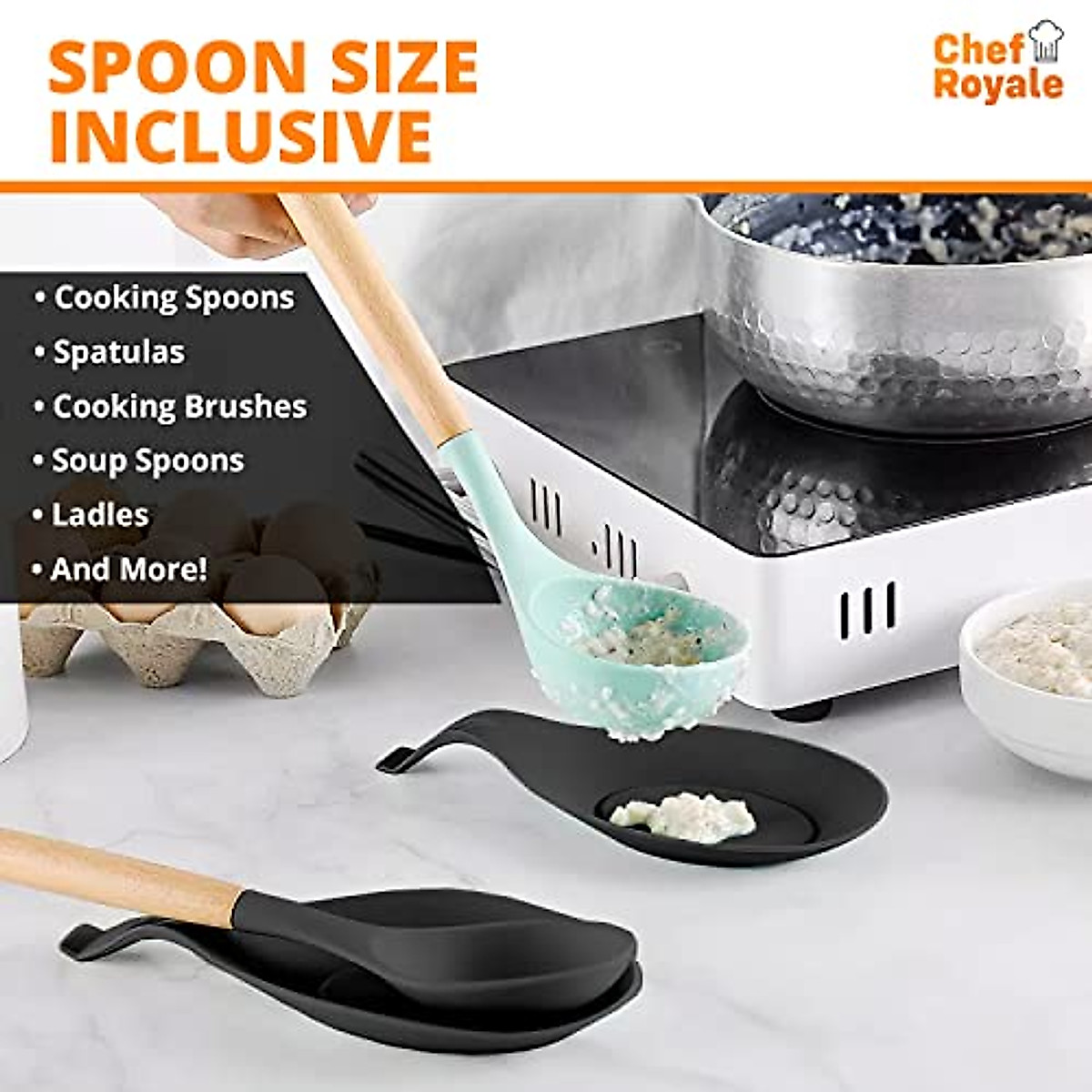 Chef Royale Silicone Spoon Rest (Set of 3) Black, Gray & Light Gray | Heat Resistant & BPA-Free Kitchen Utensil Holder | Clean Spoon Holder for Stove Top | Cooking Spoon Holder For Kitchen Counter
