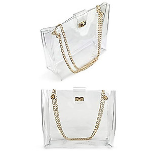 Multifunction Clear Chain Tote with Turn Lock Womens Shoulder Handbag (Clear)