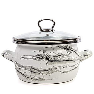 Enamel Stock Pot Shake White and Black Enamelware Pot Enamel Cooking Pot with Glass Lid (5.3-qt. (5 L))