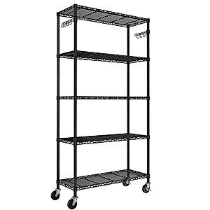 Folews Wire Shelving Unit with Wheels, 14"x36"x75" Heavy Duty 5-Tier Storage Shelves, Metal Shelf Storage Rack Organizer, 350 Lbs Per Shelf Metal Shelving for Kitchen Garage Pantry, Black