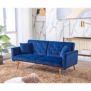 SLEERWAY Velvet Futon Sofa Bed with 5 Golden Metal Legs, Sleeper Sofa Couch with Two Pillows, Convertible Loveseat for Living Room and Bedroom, Blue