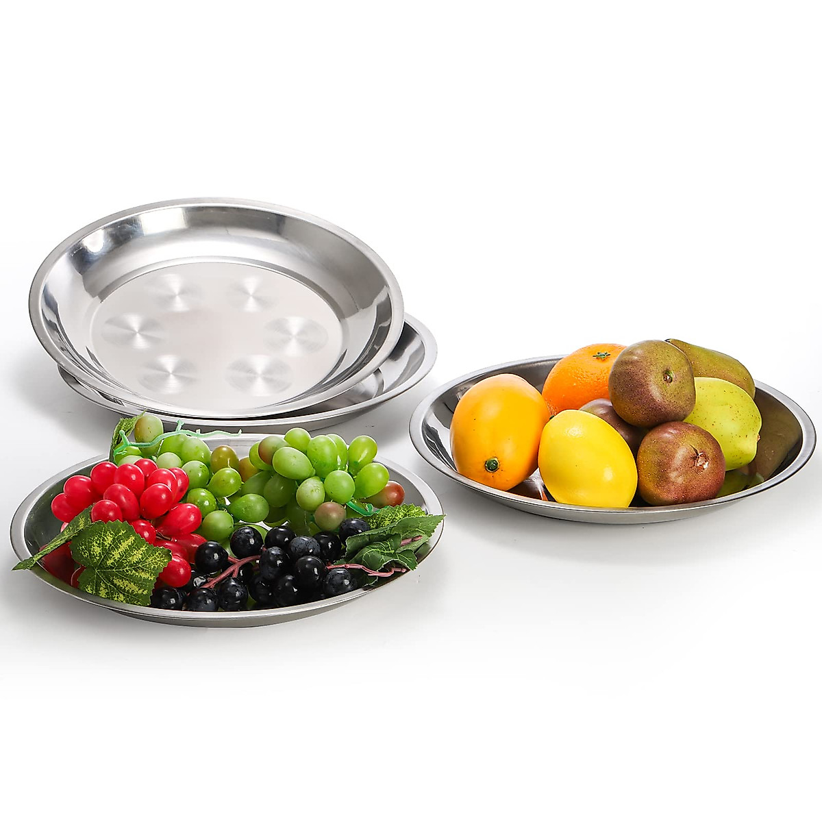 WUWEOT 10 Pack Stainless Steel Dinner Plates, 10" Round Kitchen Metal Dish Plates, Rust-Proof Camping Serving Plates for BBQ, Snack, Salad, Appetizer, Fruit, Cookies