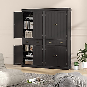 Tangkula 72" H Kitchen Pantry Cupboard Cabinet, Traditional Freestanding Large Tall Storage Cabinet with 2 Cabinets and Drawer, Adjustable Shelves, for Living Room Kitchen, 30 x 16 x 72 Inch