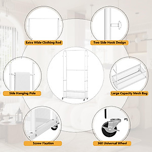MOYIPIN Double Rods Clothing Rack with Wheels,Clothing Rack for Hanging Clothes Coat Scarves Bags,Multi-functional Bedroom Garment Rack,4 Hooks,White