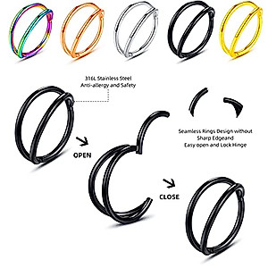 WBRWP Nose Ring Lip Rings Septum-Clicker: Double Black Nose Ring Hoops 16G 8mm 316L Surgical Steel Sleeper Earring Helix Rook Conch Cartilage Daith Tragus Earrings Nose Piercing Jewelry