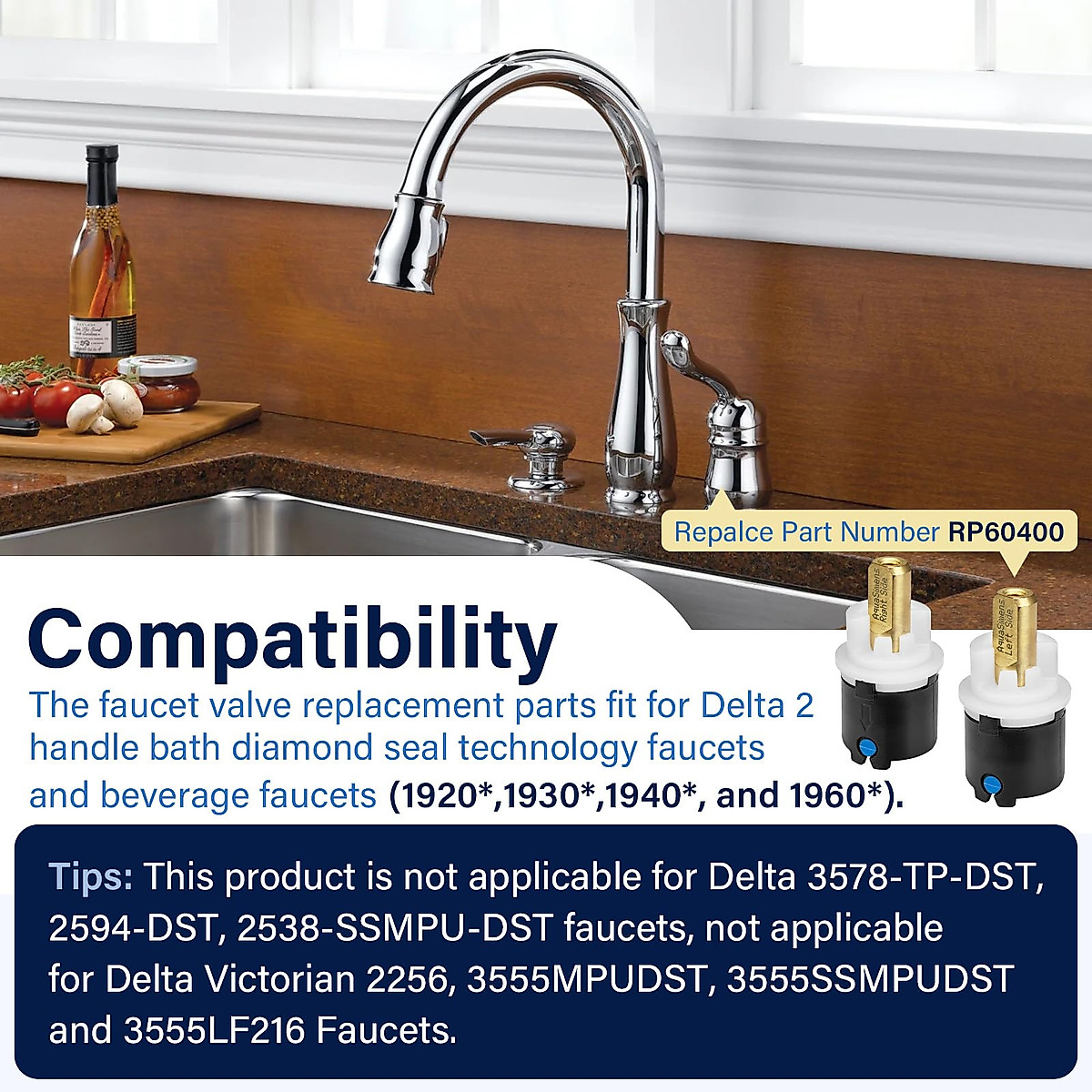 RP60400 Valve Hot and Cold Bathroom Faucet Cartridge Sink Handle Valve Stem Assembly Replacement Parts for Delta 2 Handle Bath Diamond Seal Technology Faucets and Beverage Faucets