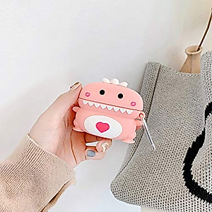 BONTOUJOUR AirPods Pro Case, New Super Cute Creative Lovely Standing Round Belly Love Heart Baby Dinosaur AirPods Case, Soft Silicone Earphone Protection Skin for AirPods Pro +Hook -Pink