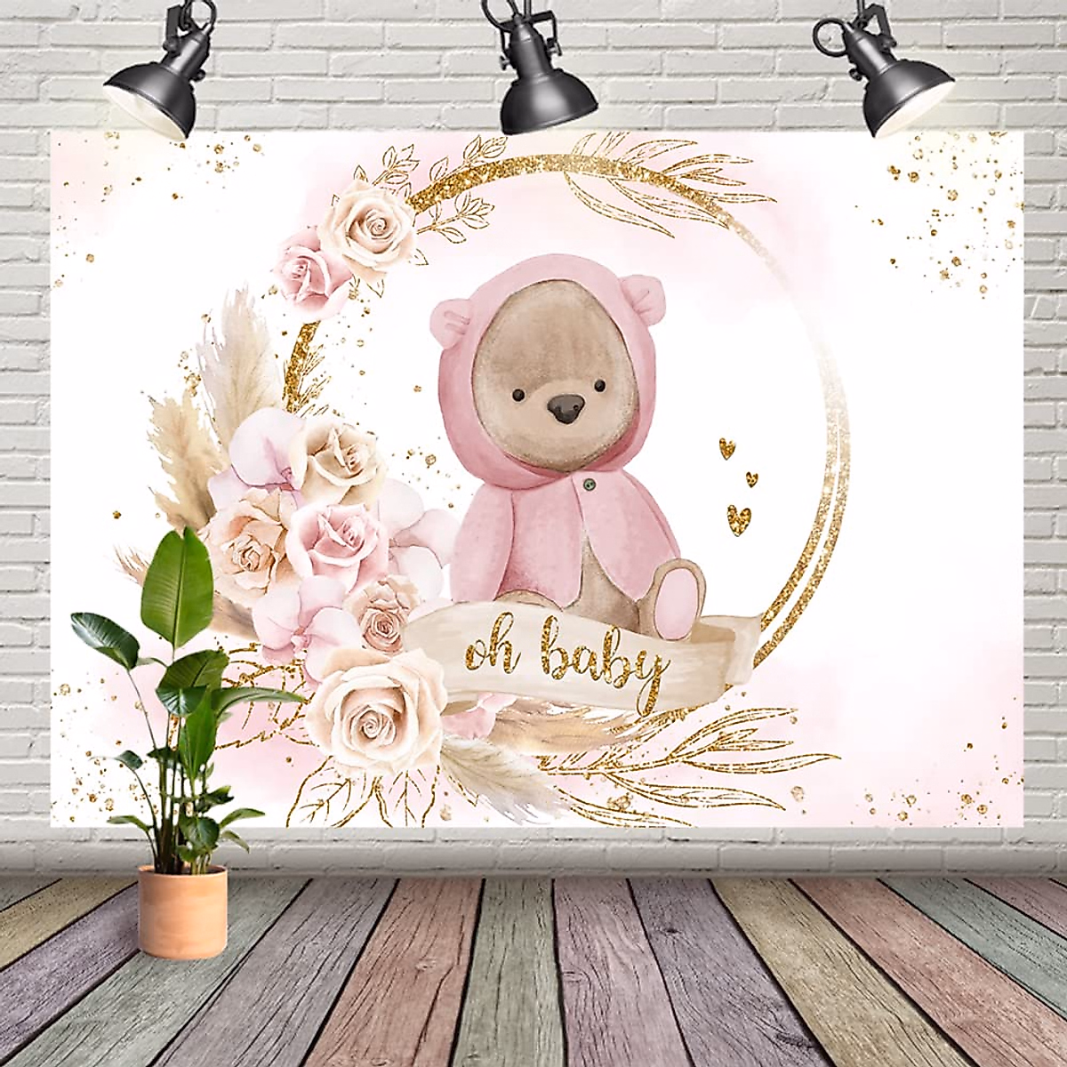 7X5FT Oh Baby Backdrop for Sweet Girl with Pink Bear Boho Rose Flower Background Baby Shower Gold Spots Photography It's a Girl Party Decorations Pink Pampas Grass Banner Photo Booth Props