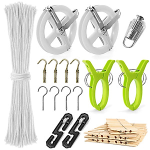 Outdoor Clothesline Kits,Include 150 Ft Nylon Clothes Line,Clothesline Pulley Clotheslines S Separator Spreader, Clothesline Tightener, Hook and Clothespins