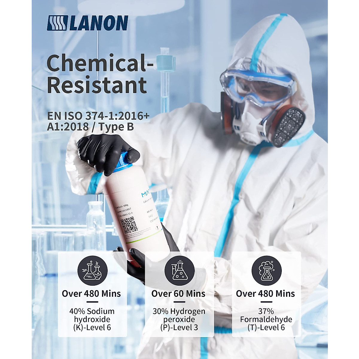 LANON 6 mil Black Nitrile Disposable Gloves, EN ISO 374 Chemical Resistant, Heavy-Duty, Mechanic, Textured Fingertips, Latex-Free, Large