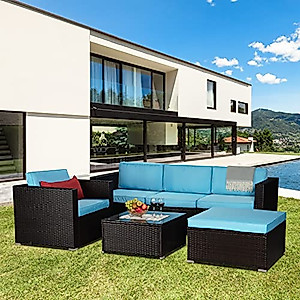 HomSof 6-Piece PE Rattan Wicker Sectional Cushioned Sofa Sets with 1 Red Pillow, Blue + Brown