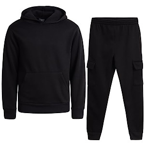 Quad Seven Boys' Fleece Jogger Set - 2 Piece Basic Solid Pullover Hoodie and Cargo Pocket Sweatpants (Size: 8-18), Size 8-10, Black