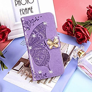 CCSmall for Oppo A17 Wallet Case for Women Girls, Shiny Butterfly Flower PU Leather Cover with Card Slot Holder Flip Phone Case for Oppo A17 Rhinestone Purple