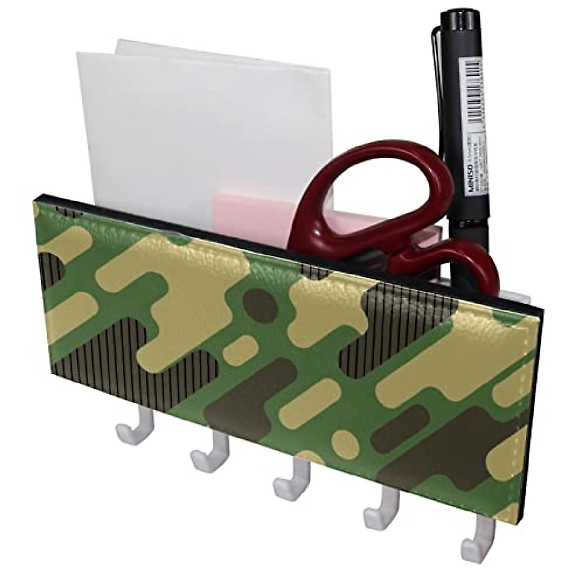 Camouflage Mail Holder Organizer and Key Hooks PU Front, Self Adhesive Key Rack with 5 Hooks Perfect for Entryway, Hallway，Bathroom ，Kitchen