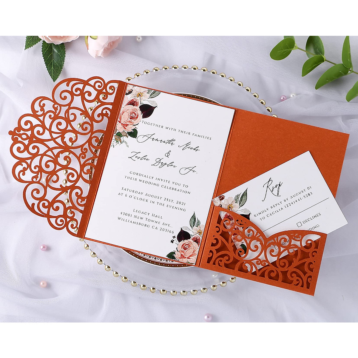 PONATIA 20 PCS Laser Cut Invitations Pockets, Terracotta Wedding Invitations with Envelopes for Wedding Party Bridal Shower Engagement Birthday Invite,Autumn Wedding Invitations