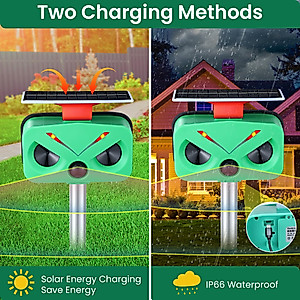 2 Pack Ultrasonic Cat Repellent Outdoor, Solar USB Powered Animal Repeller Ultrasonic Deer Deterrent Devices with Motion Sensor Waterproof Pest Deterrent for Dog Skunk Squirrel Raccoon Coyote Rabbit
