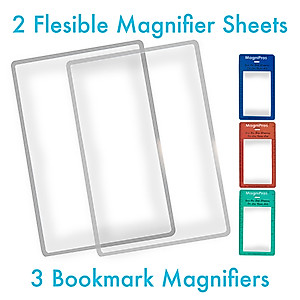 (2 Pack) MagniPros Large Full Page 3X Magnifier Premium Magnifying Sheet Fresnel Lens 7.5" X 10.5" with 3 Bonus Bookmark Magnifiers Ideal for Reading Small Prints & Low Vision Seniors