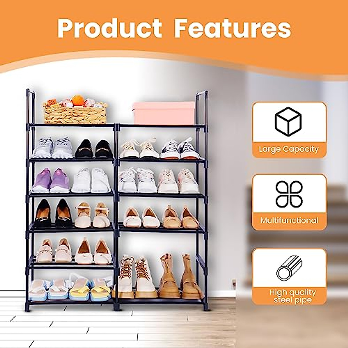 6 Tier Shoe Rack Storage Organizer, 20-22 Pairs Metal Shoe Rack for Entryway, Shoe Stand Free Standing Shoe Rack for Closet, Space Saving Shoe Organizer Shoe Storage for Living Room Bedroom Hallway