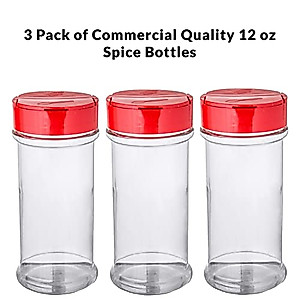 Skyway Supreme 12 OZ Clear Plastic Spice Bottles Seasoning Containers Jars - Set of 3 - Flap Cap with Pour and Sifter Spice Shaker - Durable Refillable Perfect For Herbs Spices and Rubs - BPA Free