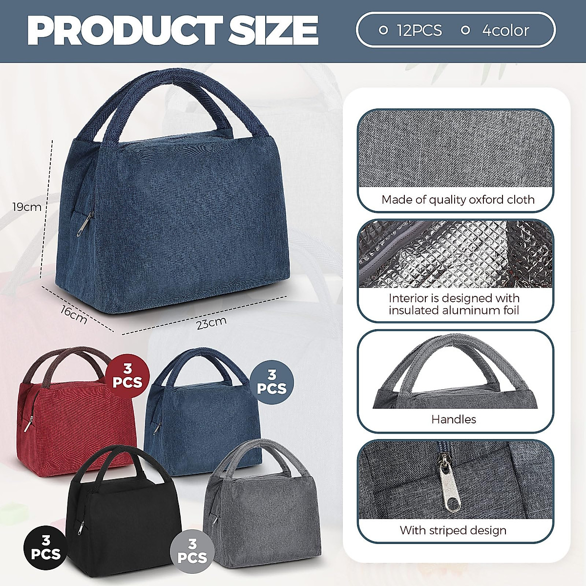 Chunful 12 Pcs Insulated Lunch Bags Bulk for Kids Women Adult Reusable Lunch Tote Bag Waterproof with Aluminum(Multi Color)