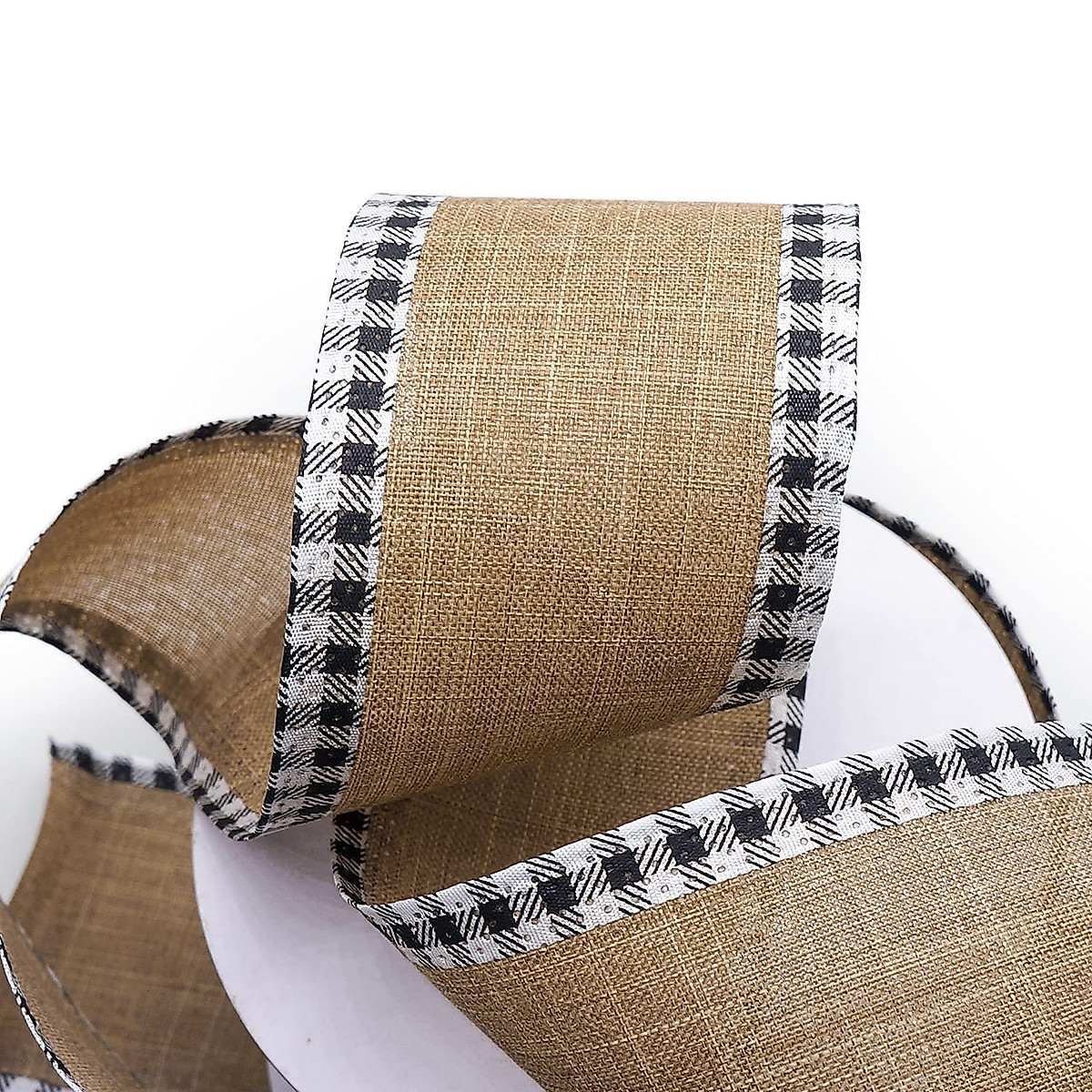 CT CRAFT LLC Burlap Plaid Buffalo Checkered Edge Wired Ribbon, 2.5" x 20 Yards x 1 Roll - Black with White, for Christmas, Home Decor, Gift Wrapping, Tree Topper Bow, Wreath, DIY Crafts