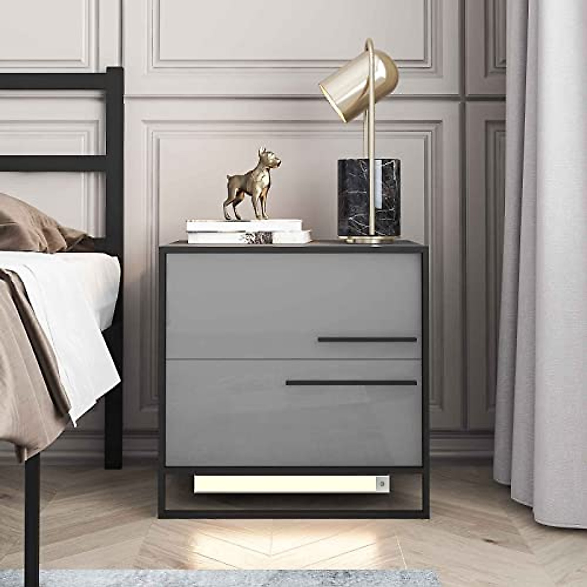 HIGOH Bedside Table Auto Led Nightstand with High Gloss Drawer Grey Led Night Stand with Metal Frame Bedside Table with 3 Color Magnetic Wireless