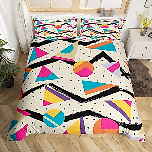 80s 90S Fashion Style Bedding Set Queen Size,Retro Memphis Style Pattern with Geometrical Shapes Duvet Cover for Kids Child,Funky Hipster Old Fashioned Comforter Cover Geometric Bedroom Decor