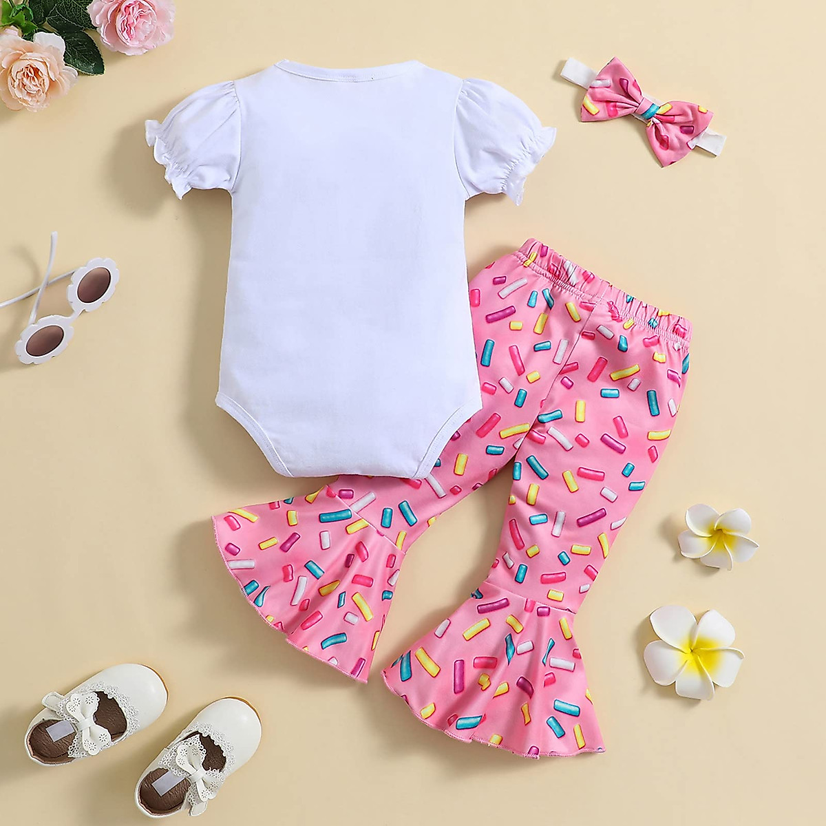 GRNSHTS Baby Girl Birthday Clothes Sweet One Letter Short Sleeve Romper+Donuts Flared Pants+Headband 3Pcs Cake Smash Outfits (Donuts White,9-12M)