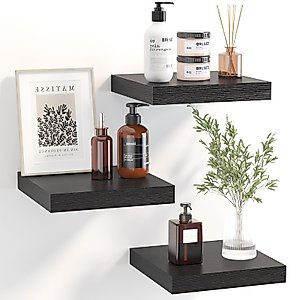 Fixwal Floating Shelves for Wall, Small Black Shelves Wall Mounted Shelf for Bathroom, Living Room, Bedroom, Kitchen Decor (Set of 3, 8x8)
