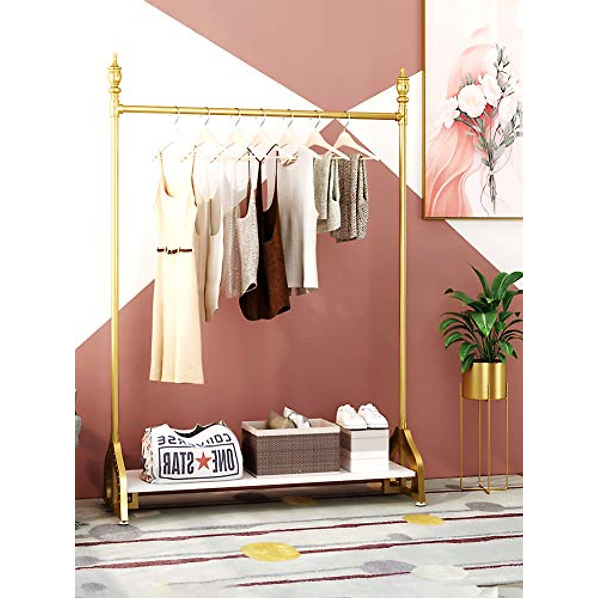 FONECHIN Clothing Display Rack Garment Rack with Bottom Shelf Heavy Duty Clothes Rack Retail Hanging Rack Closet Organizer for Boutique Gold 47"